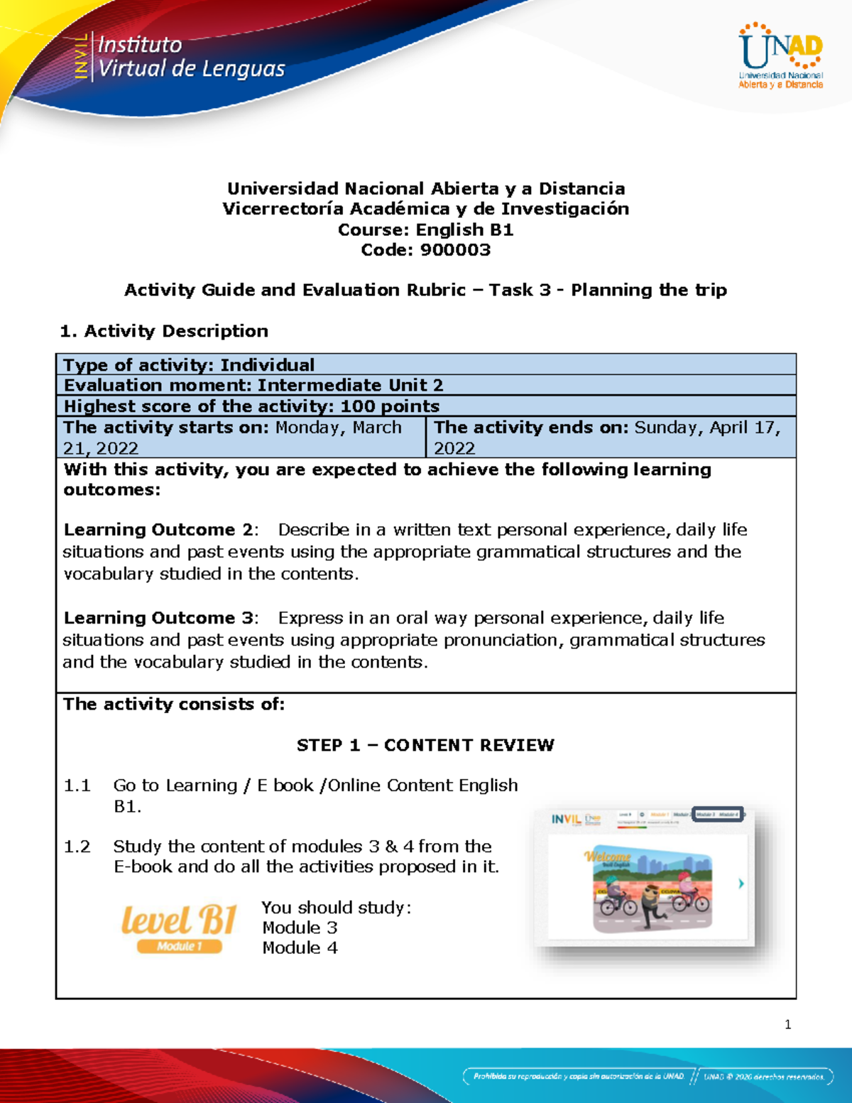 Activities guide and evaluation rubric - Unit 2 - Task 3 - Planning the trip - Universidad ...