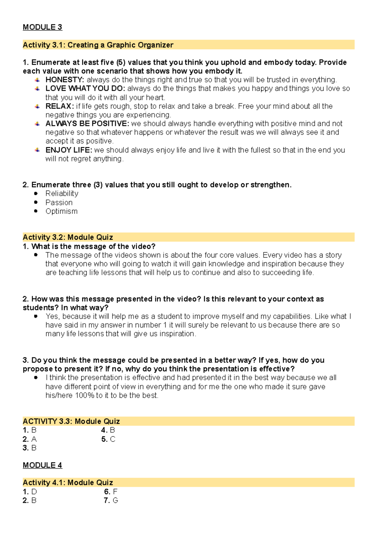 Values - MODULE 3 Activity 3: Creating a Graphic Organizer 1. Enumerate at least five (5) values ...