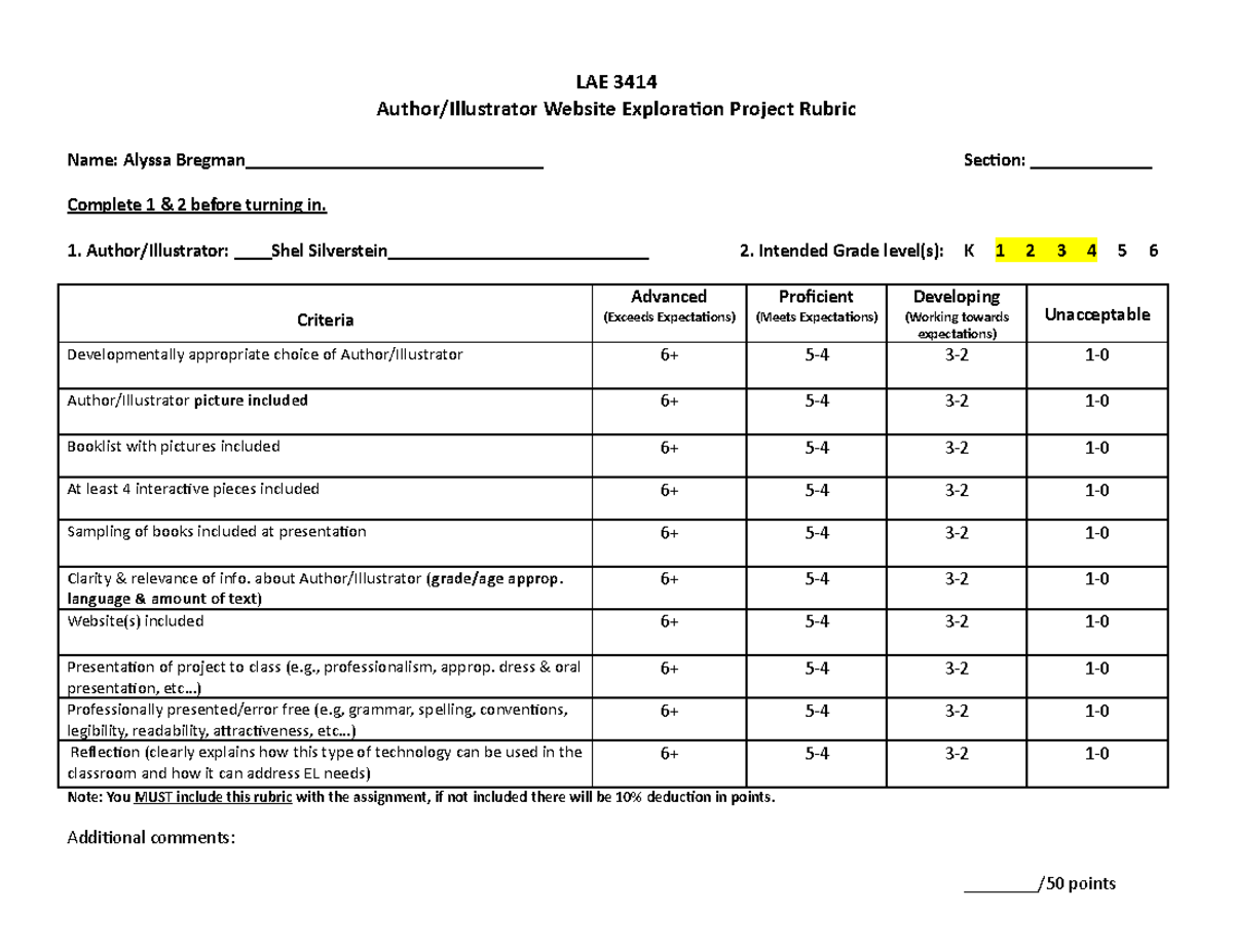 LAE 3414 Key Assignment Rubric-1 - LAE 3414 Author/Illustrator Website ...