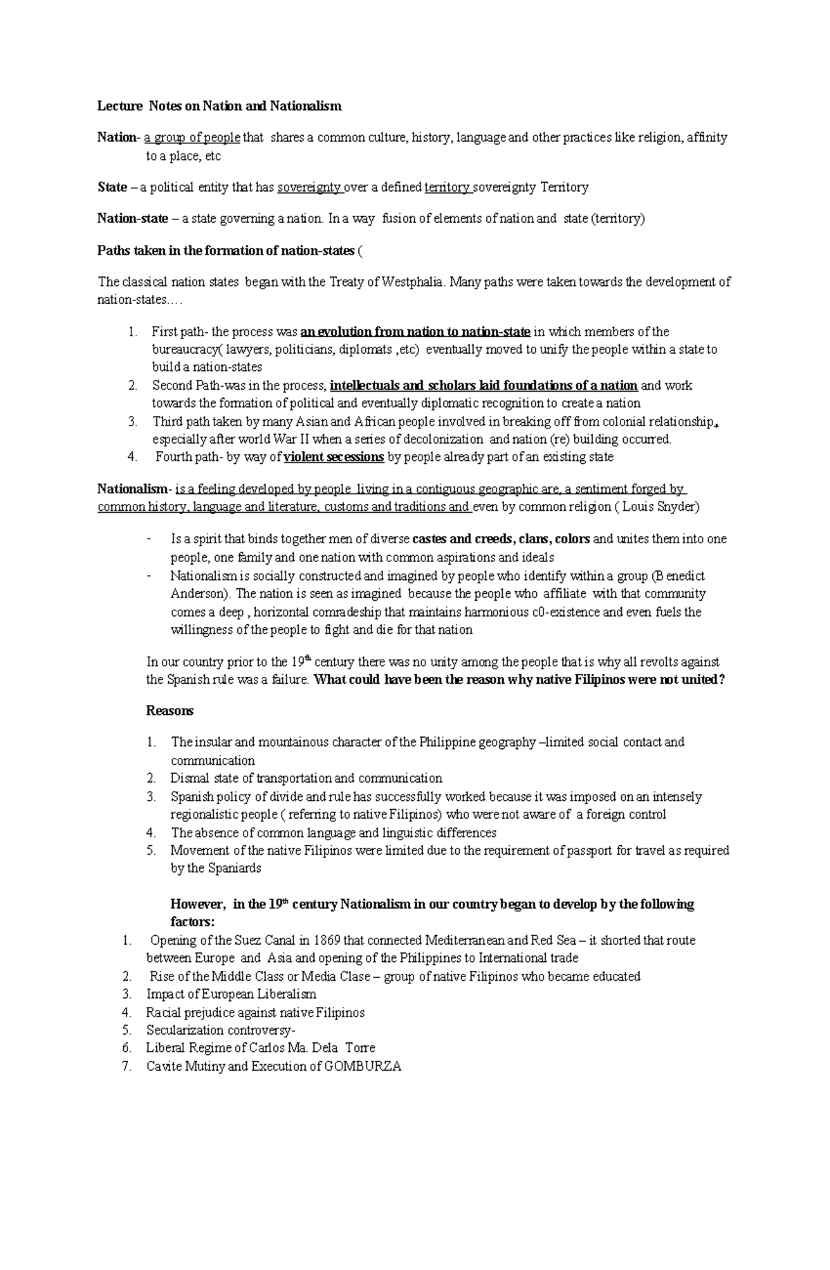 Lecture on Nation and Nationalism - Lecture Notes on Nation and ...