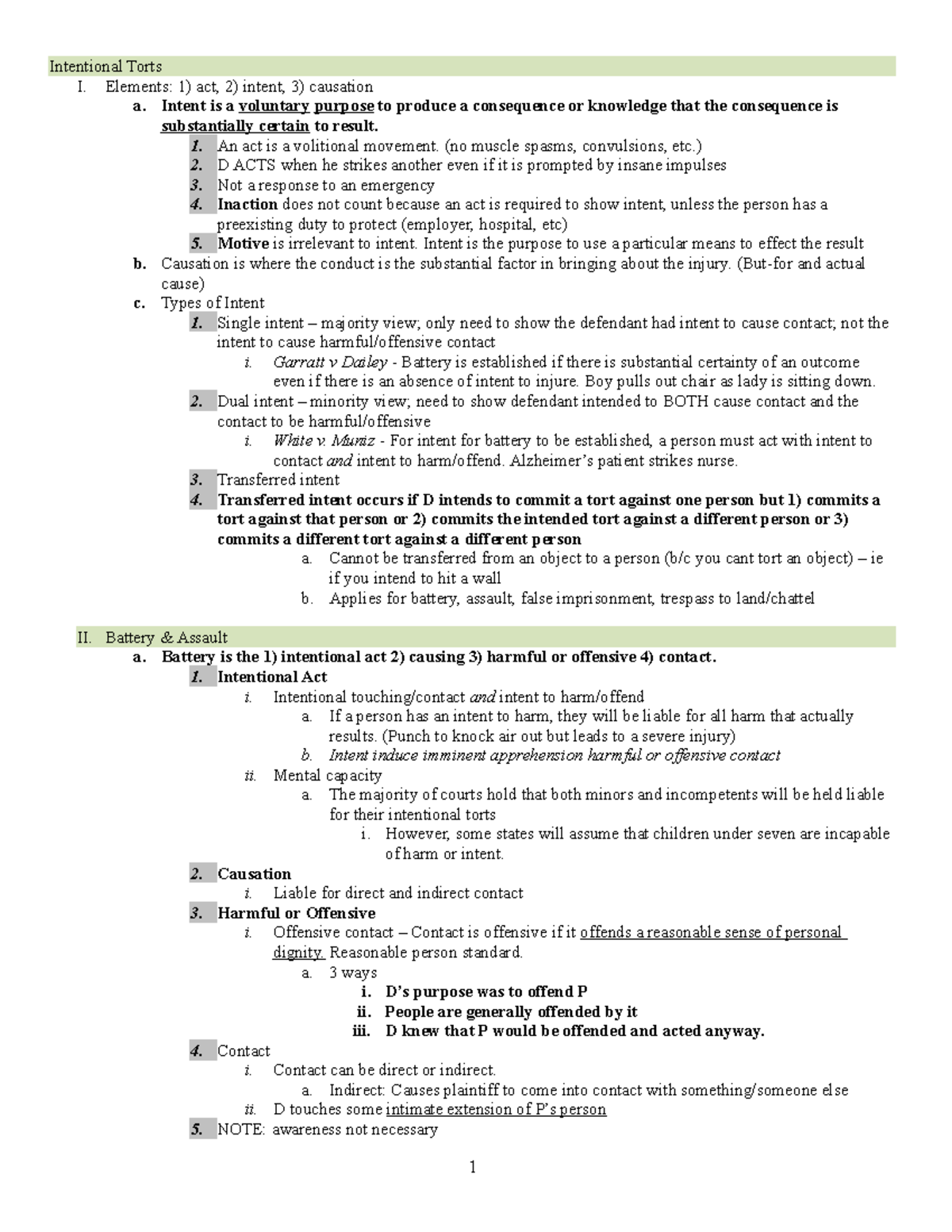 Manteltortsfall 2011 - Mantel - Intentional Torts I. Elements: 1) act ...