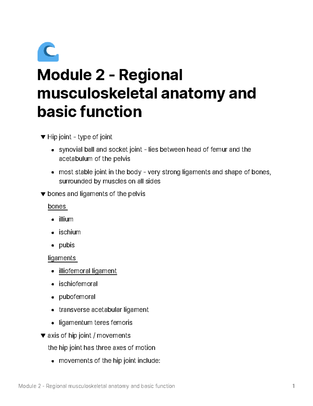 Module 2 - summary - 🌊 Module 2 - Regional musculoskeletal anatomy and ...