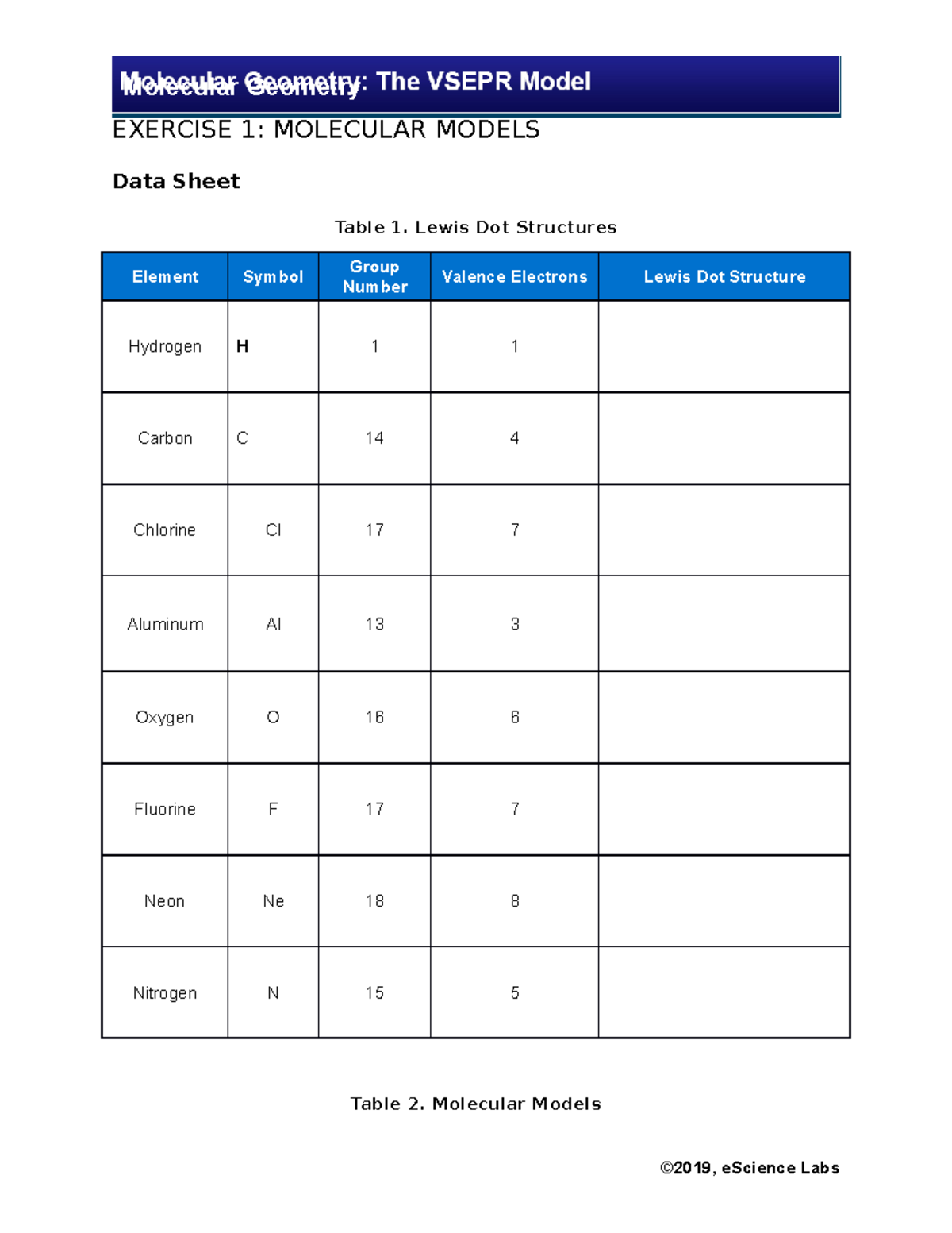 Molecular Geometry Data Sheet and Post-Lab - EXERCISE 1: MOLECULAR ...