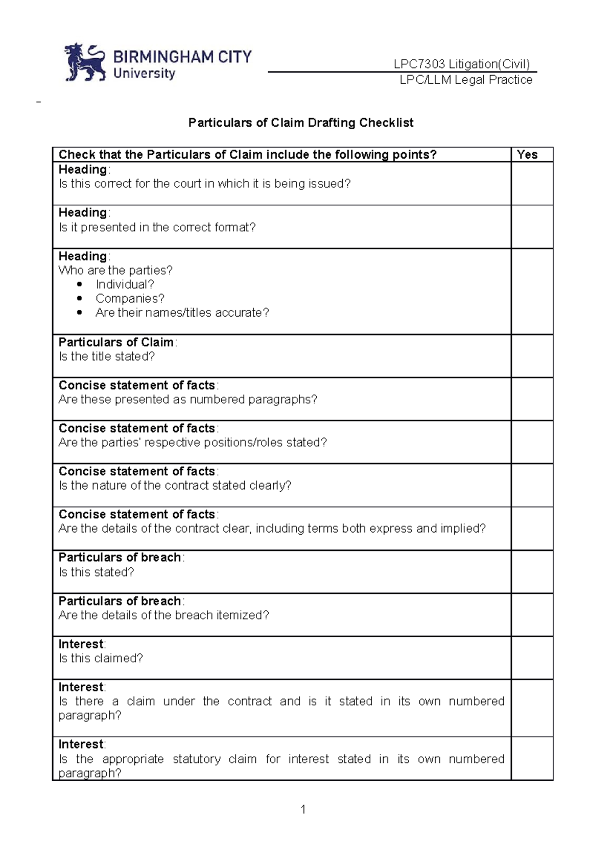 Particulars Checklist - LPC7303 Litigation(Civil) LPC/LLM Legal ...