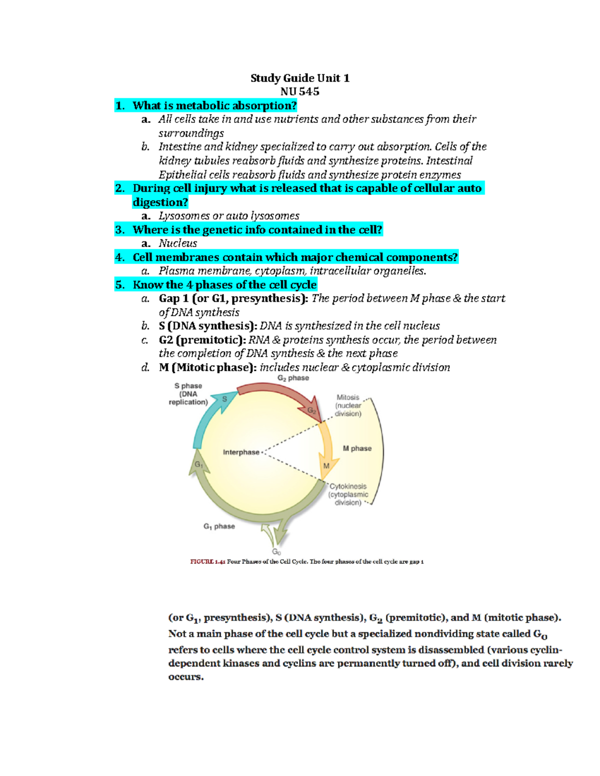 Study Guide Unit 1 - Unit 1 SG - Study Guide Unit 1 **NU 545 What is metabolic absorption? a ...