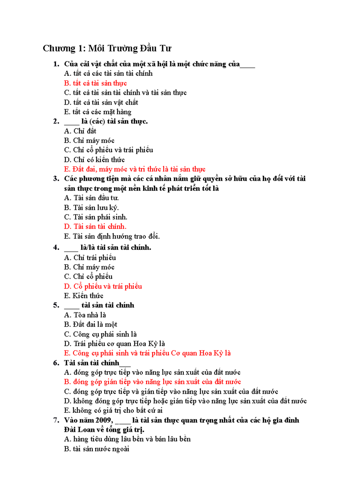 Ngân hàng đề TA - dfdfdfdfd - Chương 1: Môi Trường Đầu Tư Của cải vật ...
