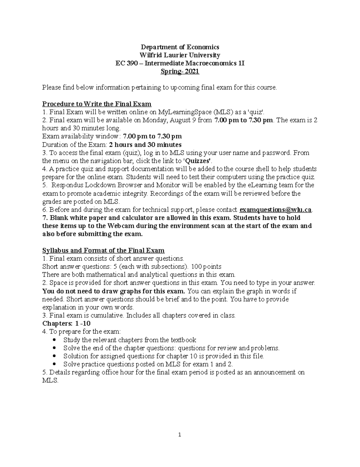 Syllabus, Procedure & Practice Questions for Final Exam - EC390 - WLU - Studocu