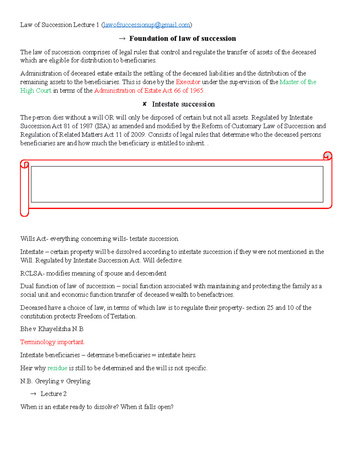 Law of succession - lecture notes for semester tests - Law of ...