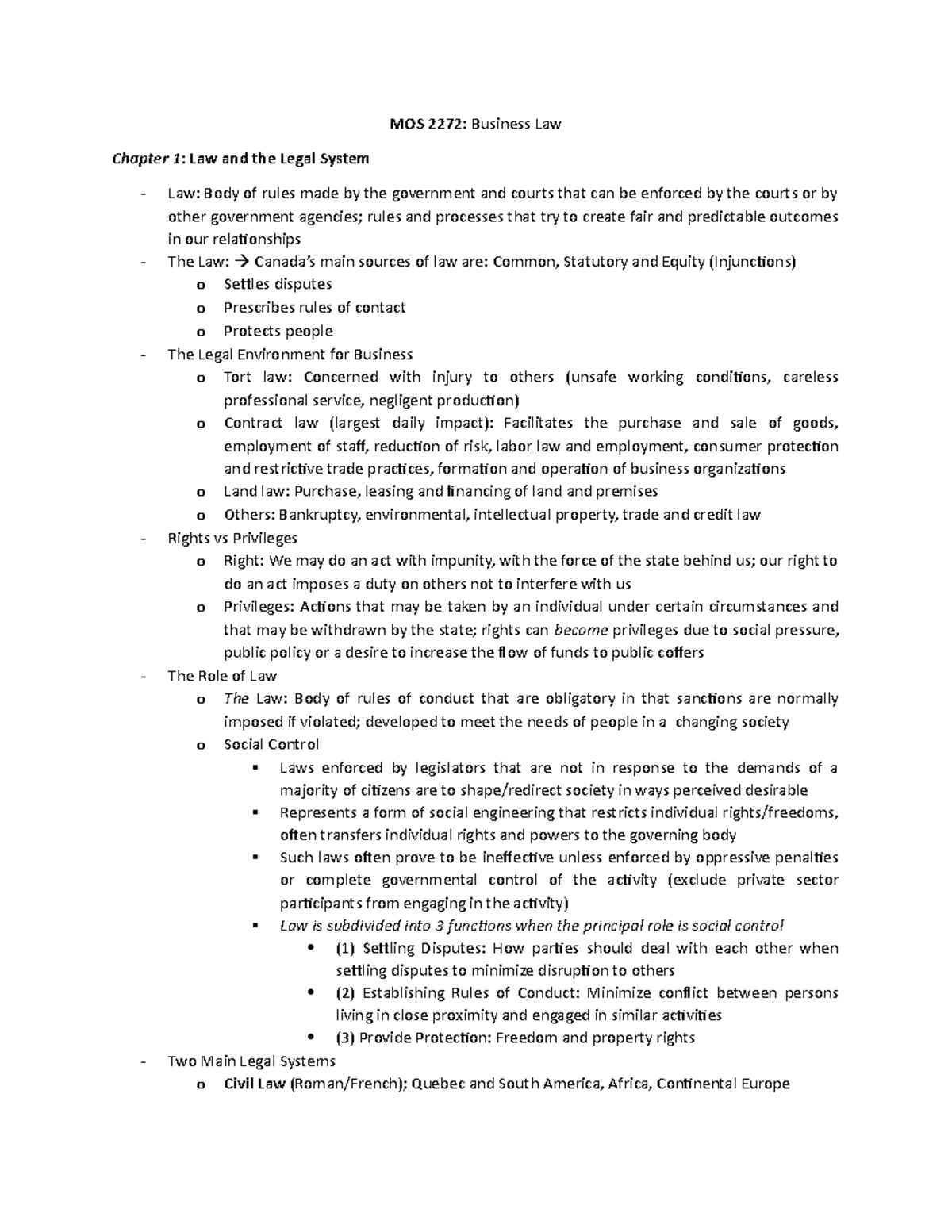 MOS 2275 - mos 2275 - MOS 2272: Business Law Chapter 1: Law and the ...