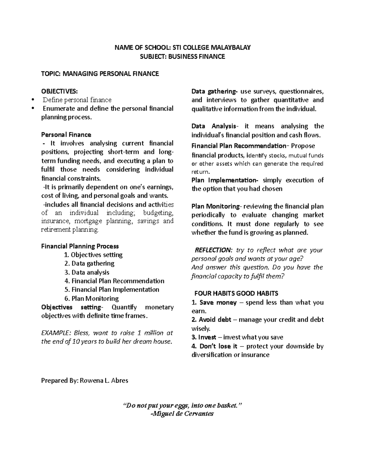 Handouts - Handout for demo - NAME OF SCHOOL: STI COLLEGE MALAYBALAY ...