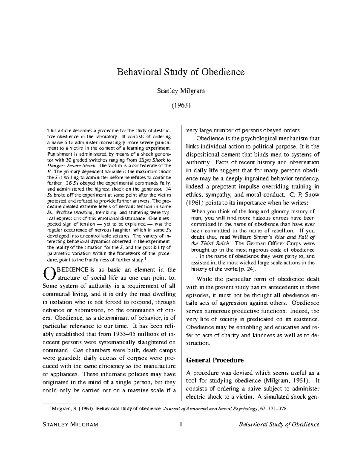 Milgram Original Work - Nice doc - Behavioral Study of Obedience ...