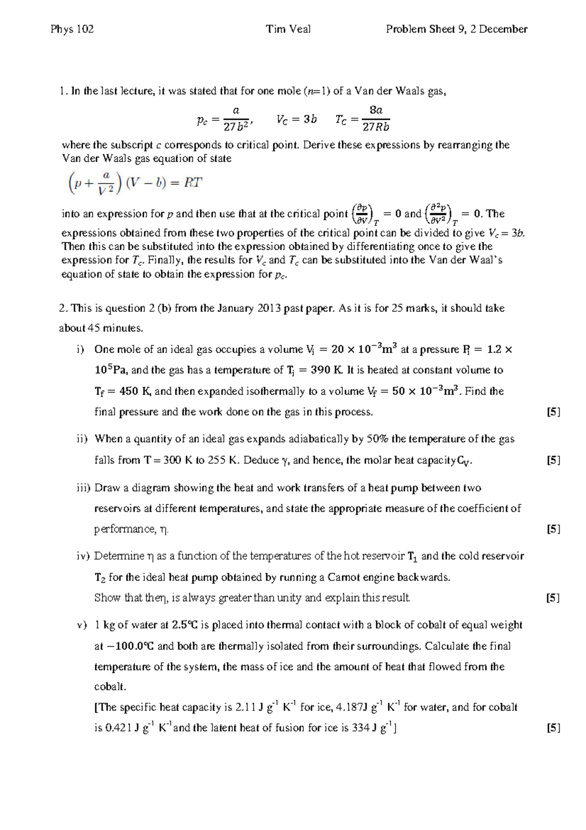PHYS102 problems 9 - Phys 102 Tim Veal Problem Sheet 9, 2 December In ...