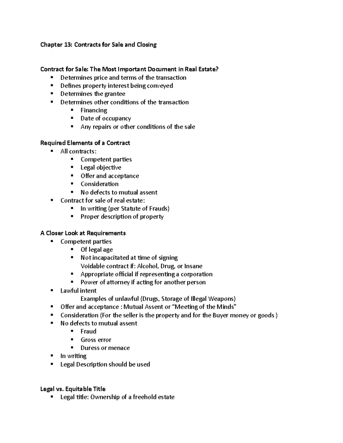 FIN 351 Lecture 13 1:2 - Chapter 13: Contracts for Sale and Closing Contract for Sale: The Most ...