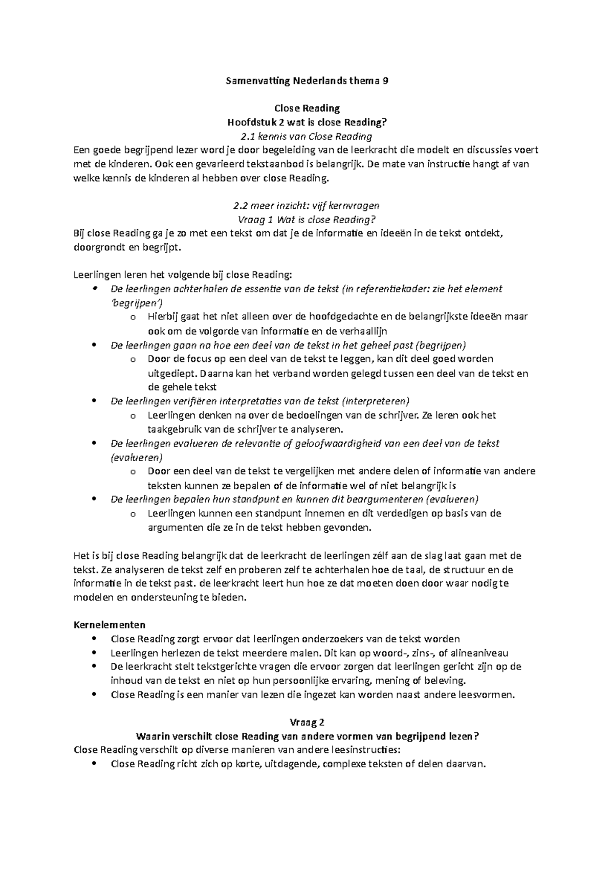 Nederlands close reading - Samenvatting Nederlands thema 9 Close ...