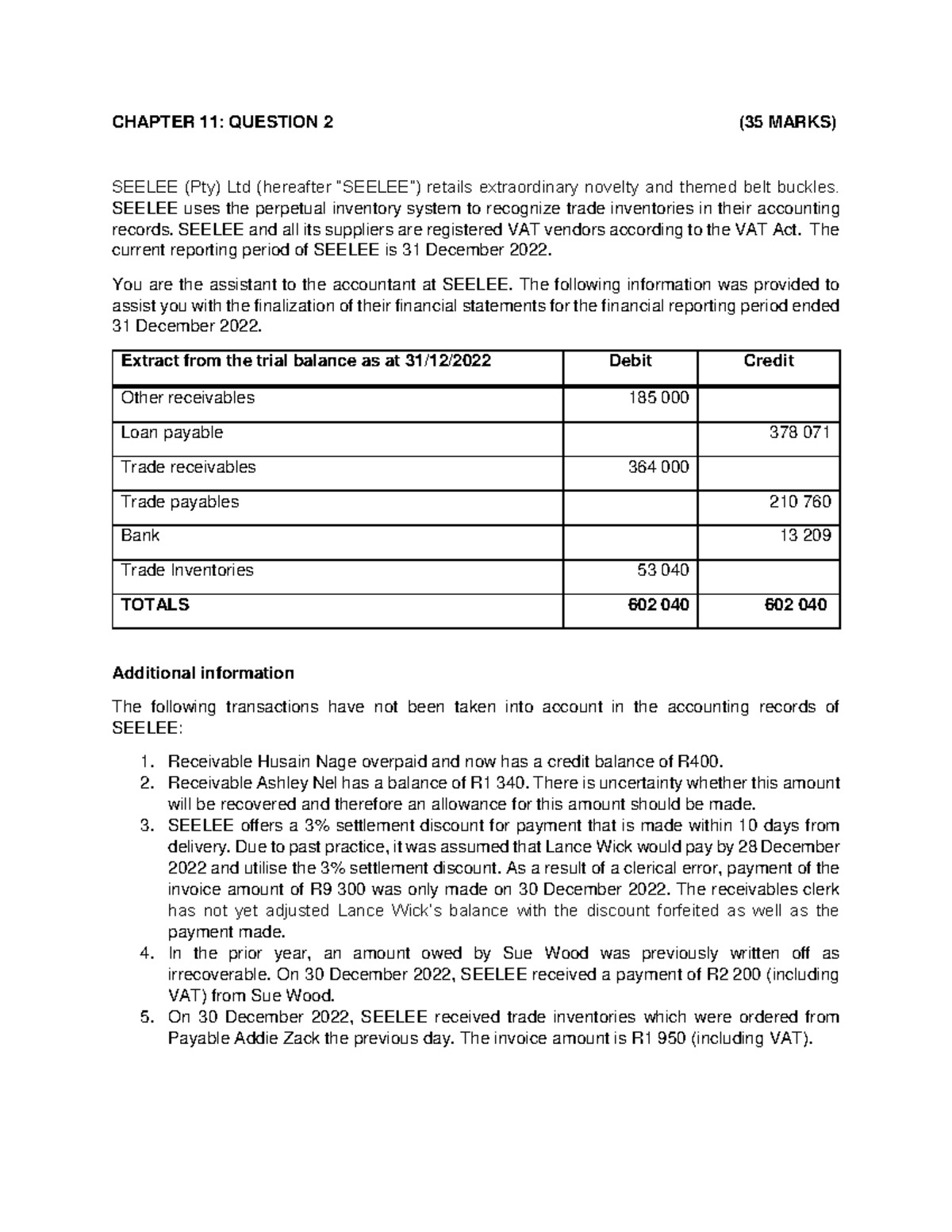 Chapter 11 Q2 - 1a Trade payables accounting - CHAPTER 11: QUESTION 2 ...
