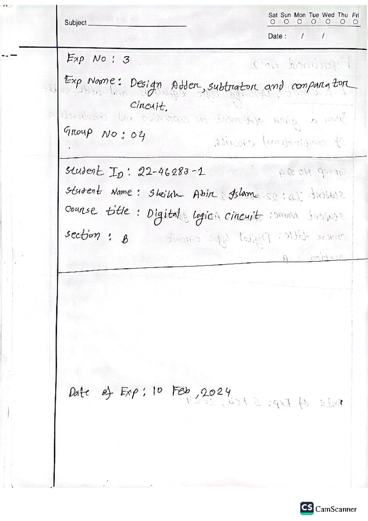 DLC Lab 3 - DLC-LAB-03-HANDWRITTEN - SatSun Mon TueWed ThuFri Subject ...
