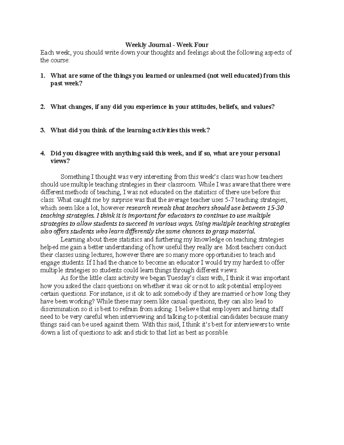 ED 250 - Week Seven Journal - Weekly Journal - Week Four Each week, you ...