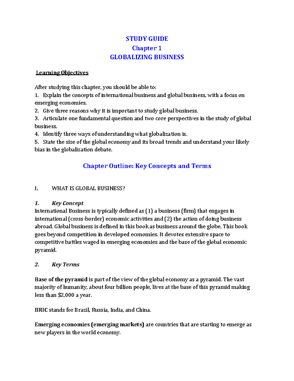 Chapter 1 Study Guide - STUDY GUIDE Chapter 1 GLOBALIZING BUSINESS ...