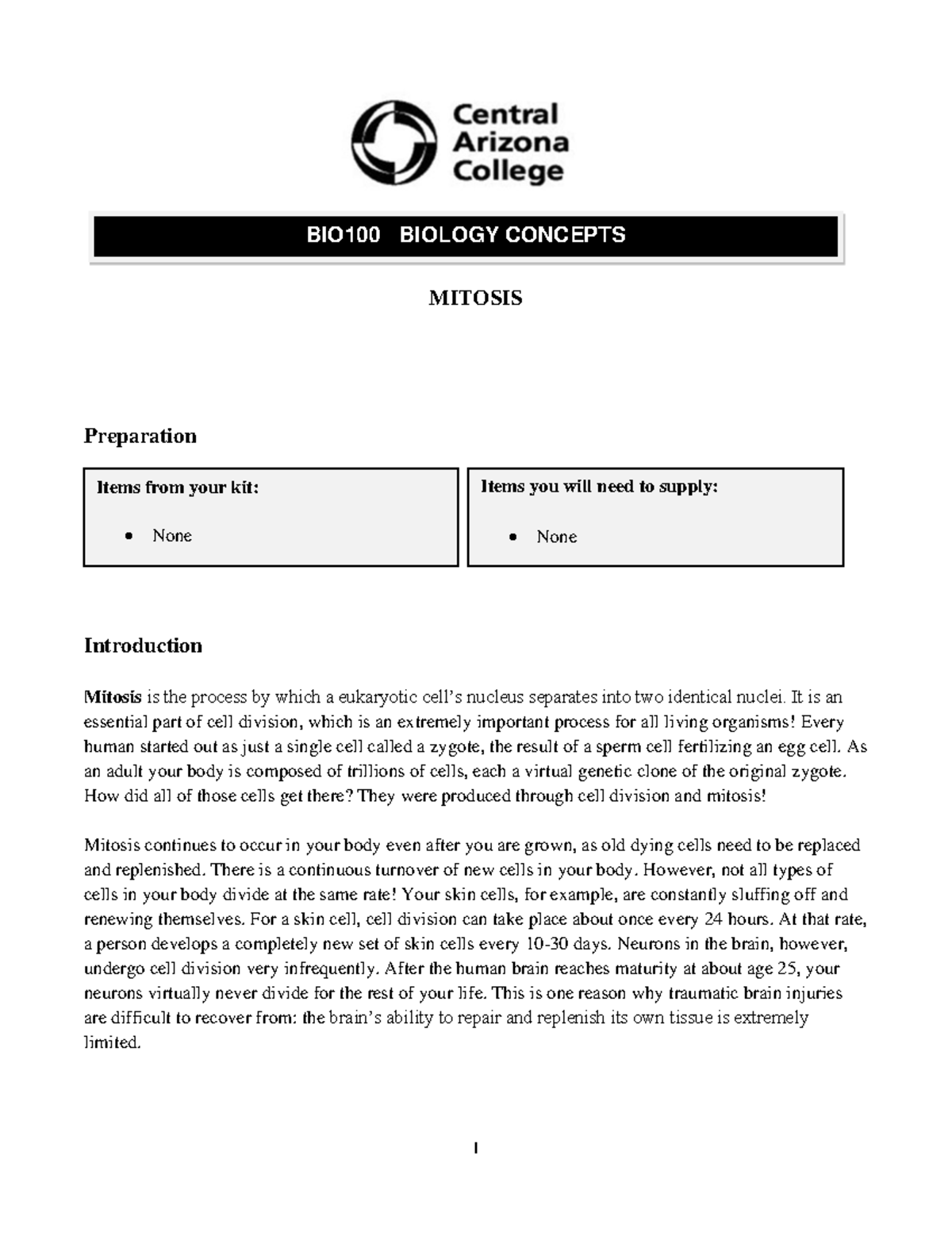 BIO 181 Mitosis - MITOSIS Preparation Introduction Mitosis is the ...