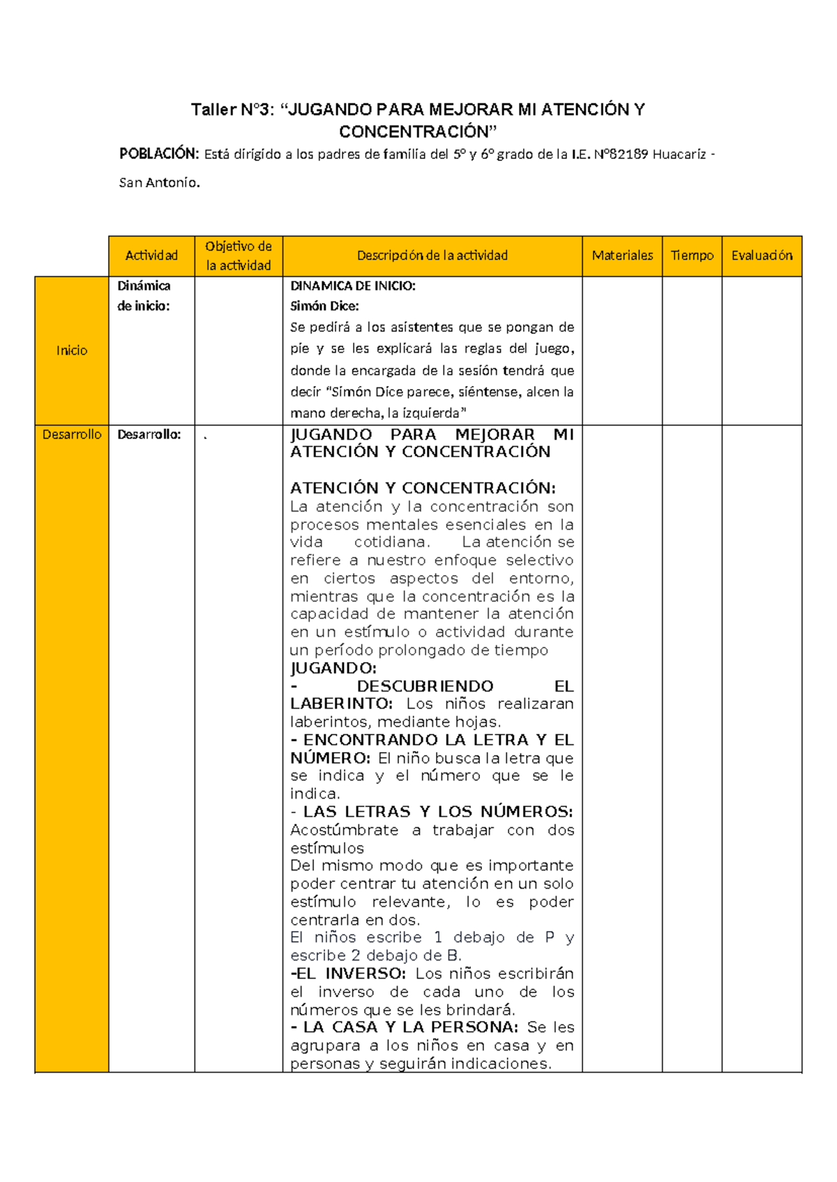 Esquema DE jugando para mejorar la Atención Y Concentración - Taller N ...