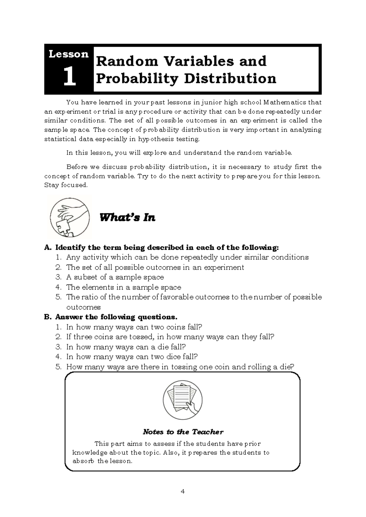 Statistics and Probability - Lesson 1 - Lesson 1 Random Variables and ...