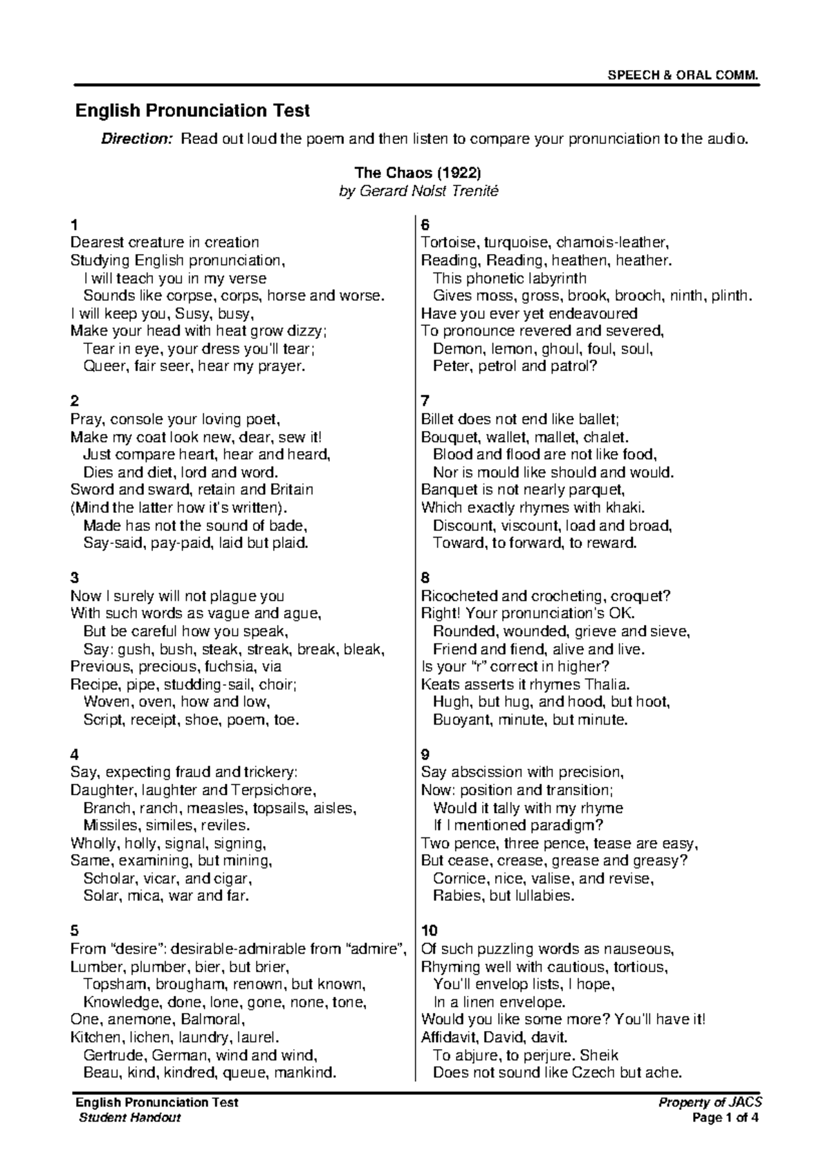 Eng003 handout thechaos - English Pronunciation Test Direction: Read ...