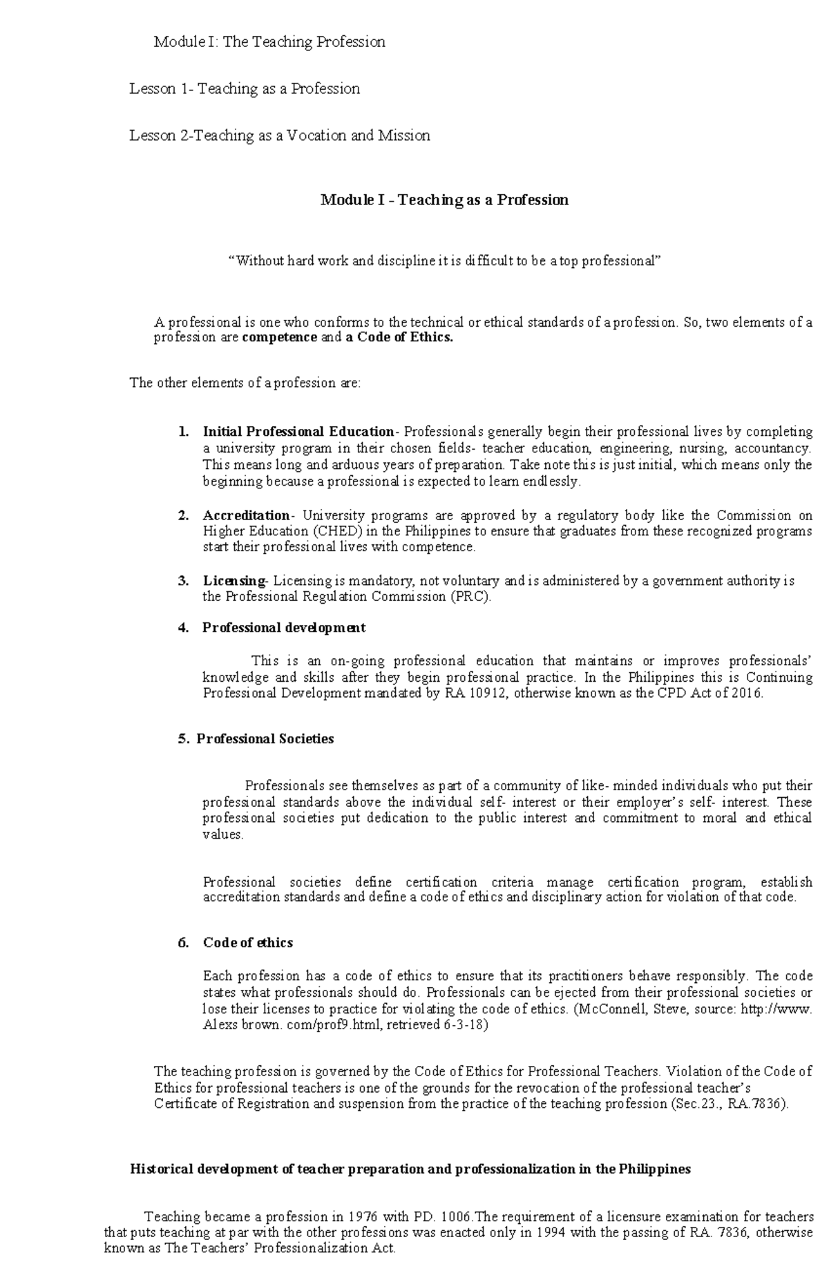 The Teaching Profession Module I - Module I: The Teaching Profession ...