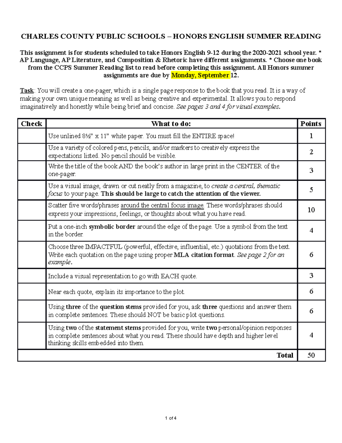 One Pager Rubric - CHARLES COUNTY PUBLIC SCHOOLS – HONORS ENGLISH ...