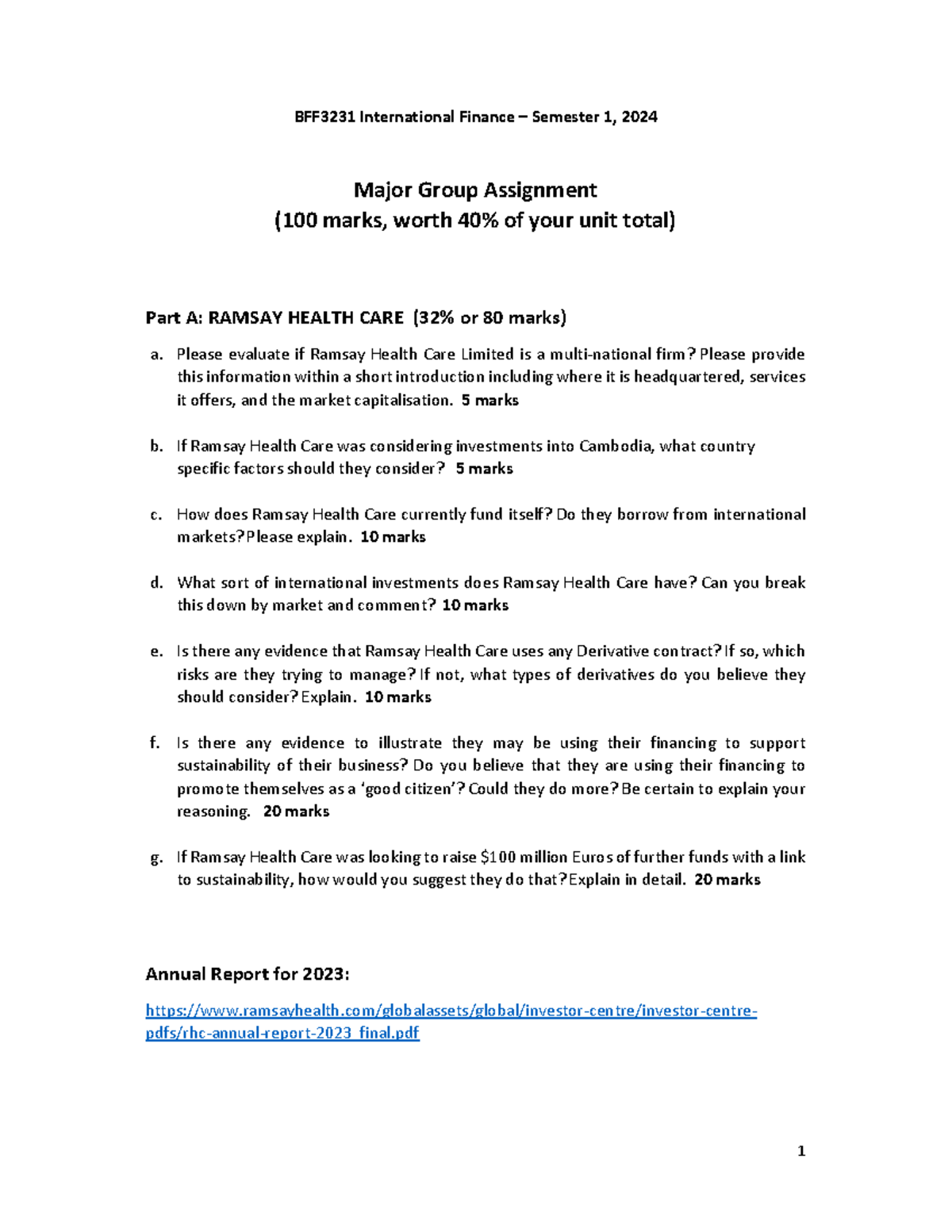Ramsay Health Care Assignment - BFF3231 International Finance ...