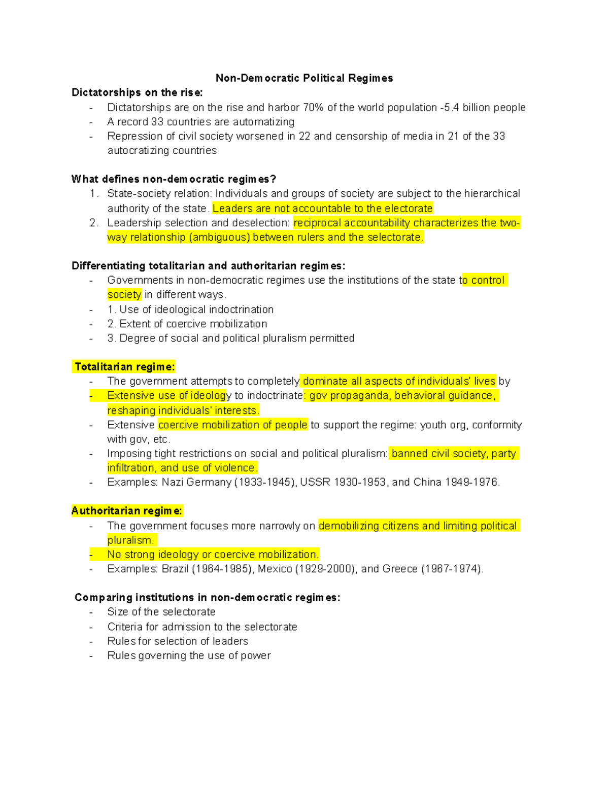 Polisci module 6 - Non-Democratic Political Regimes Dictatorships on ...