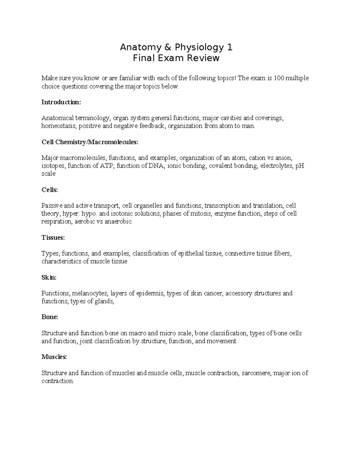 A&P 1 final exam review 2016 - Anatomy & Physiology 1 Final Exam Review ...