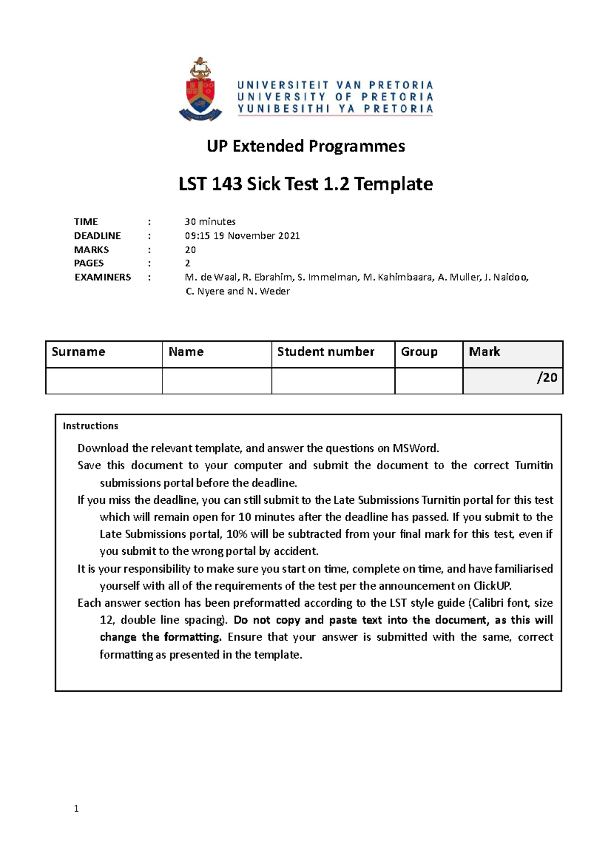 2021 LST 143 Sick Test 1.2 Template 1 - UP Extended Programmes LST 143 ...