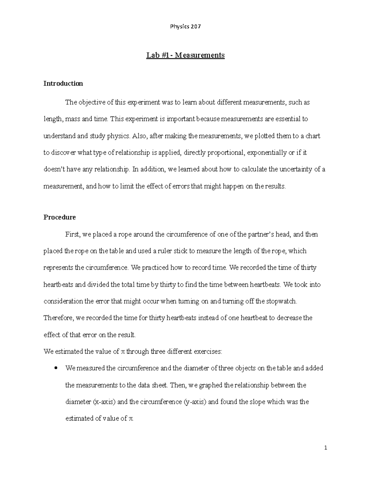 Lab 1- Measurements - PHY 207-lab1 - Physics 207 Lab Measurements Introduction The objective of ...