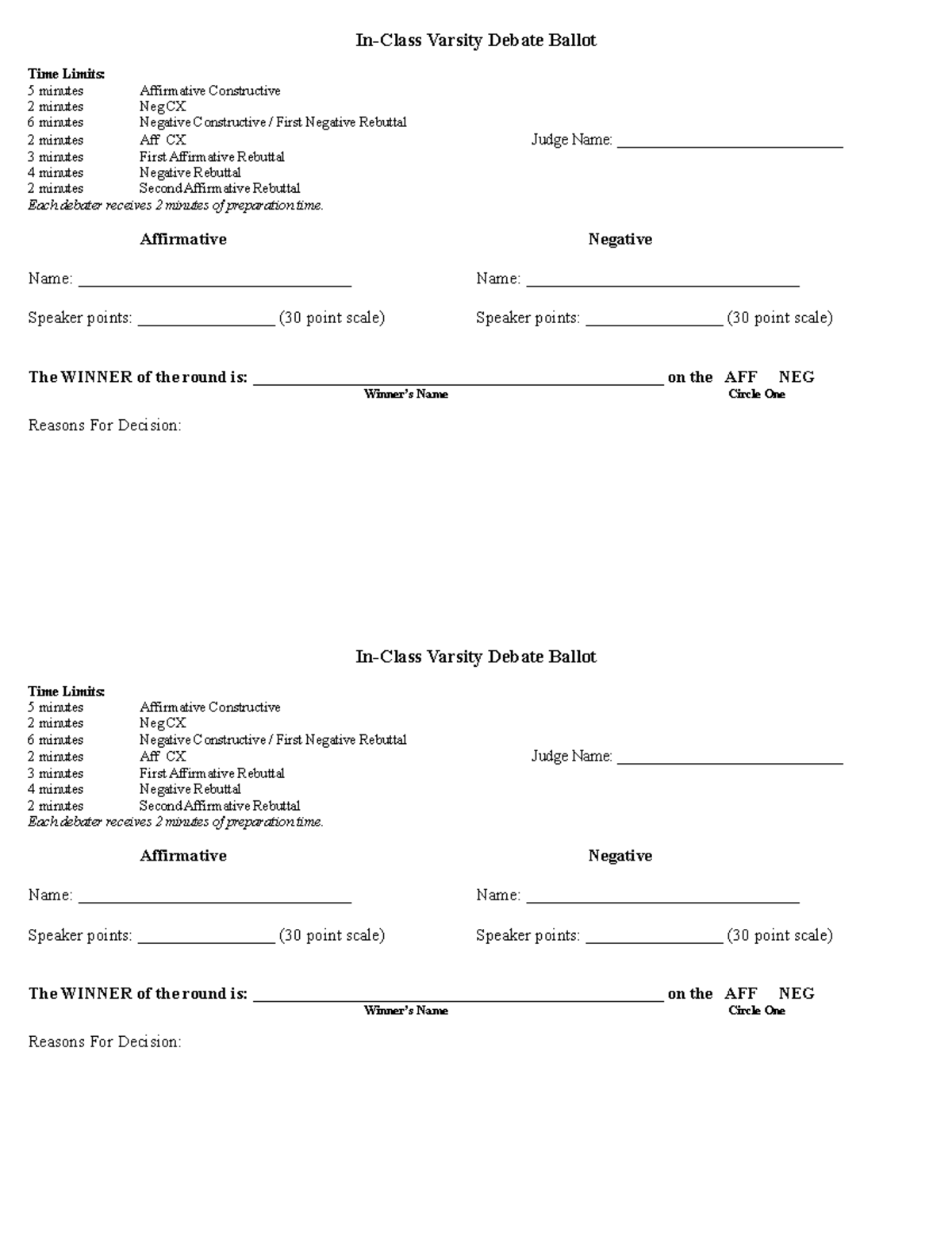 In Class Varsity Ballot, Used for any and all debates - In-Class ...