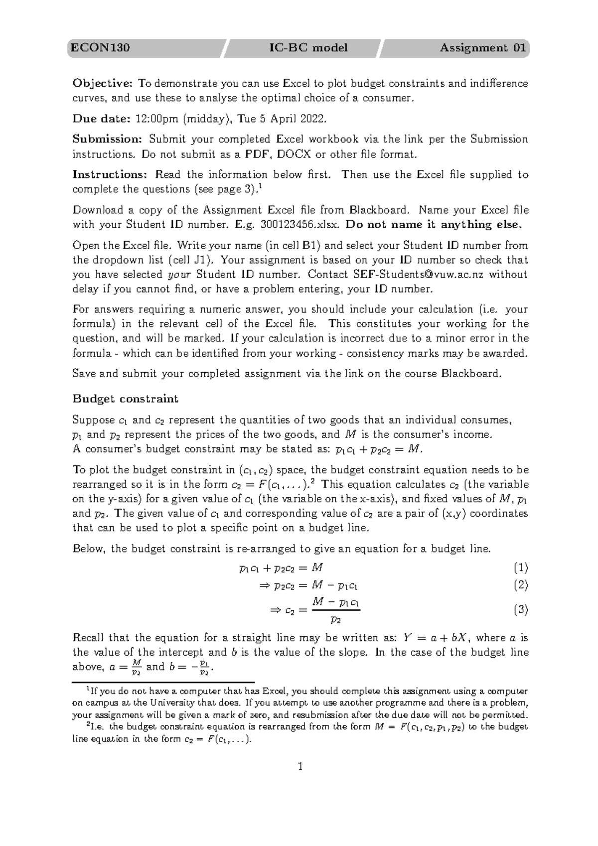 ECON130 Assignment Questions - ECON130 IC-BC model Assignment 01 ...