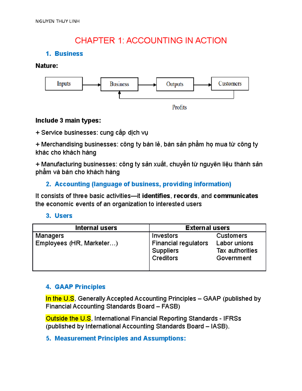 Chap 1 Accouting in Action - NGUYEN THUY LINH CHAPTER 1: ACCOUNTING IN ACTION Business Nature ...