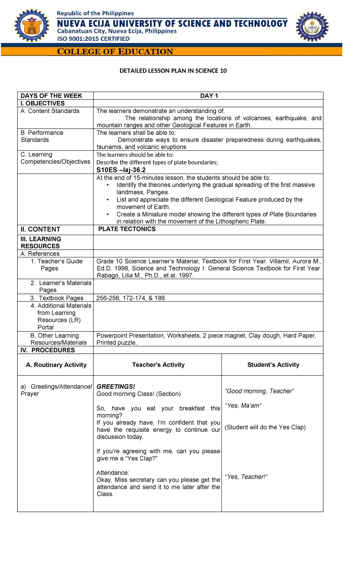 DLP Plate Tectonics - DETAILED LESSON PLAN IN SCIENCE 10 DAYS OF THE ...
