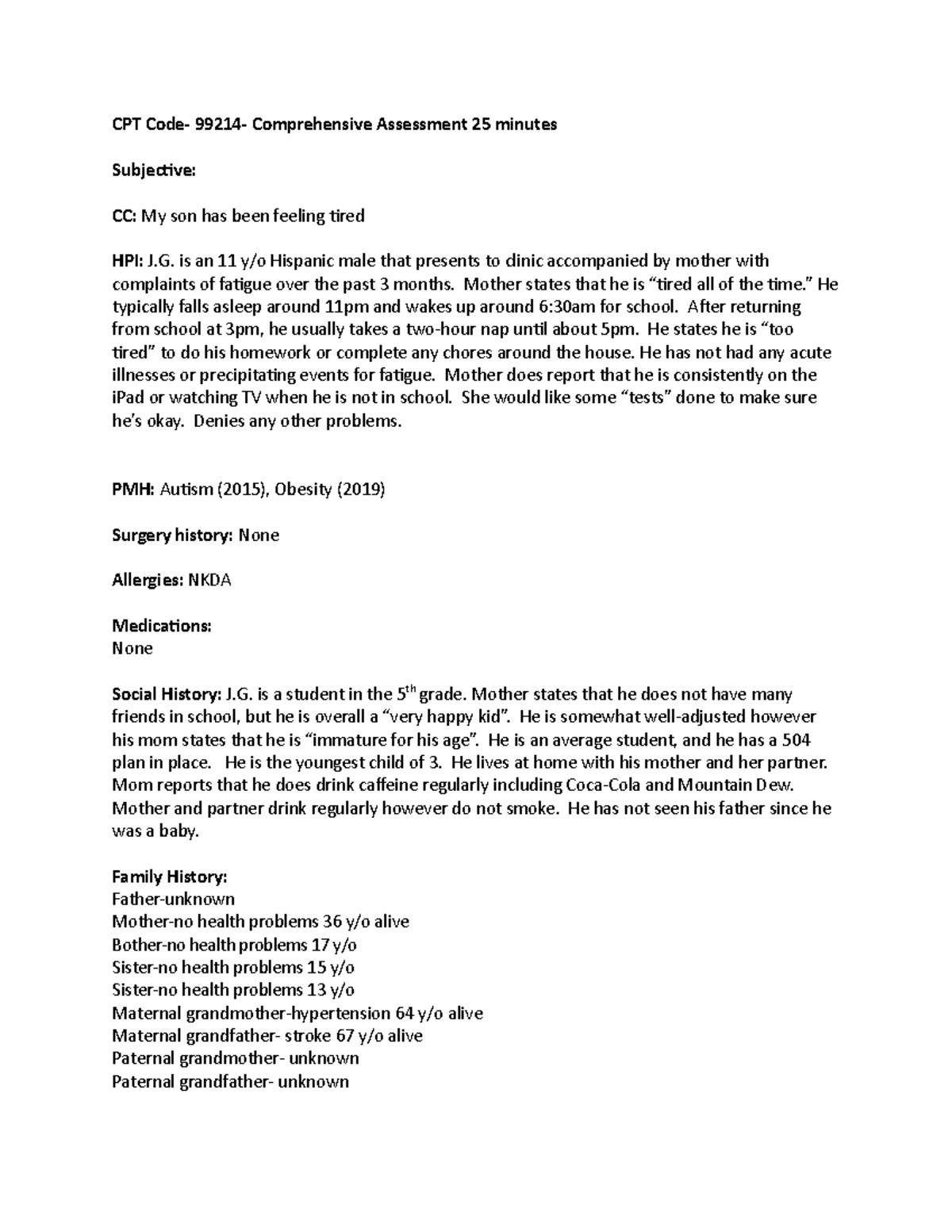 Peds Soap Note - soap note - CPT Code- 99214- Comprehensive Assessment ...