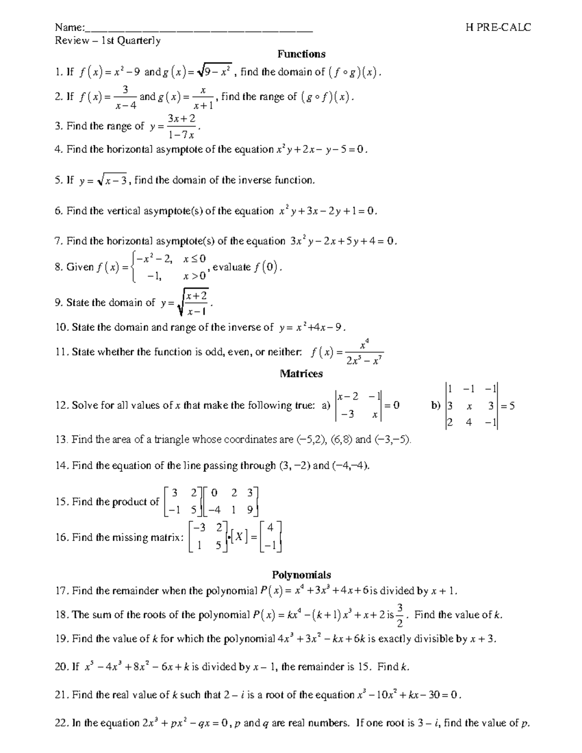 Quarter Review for H Pre-Calc - Name ...