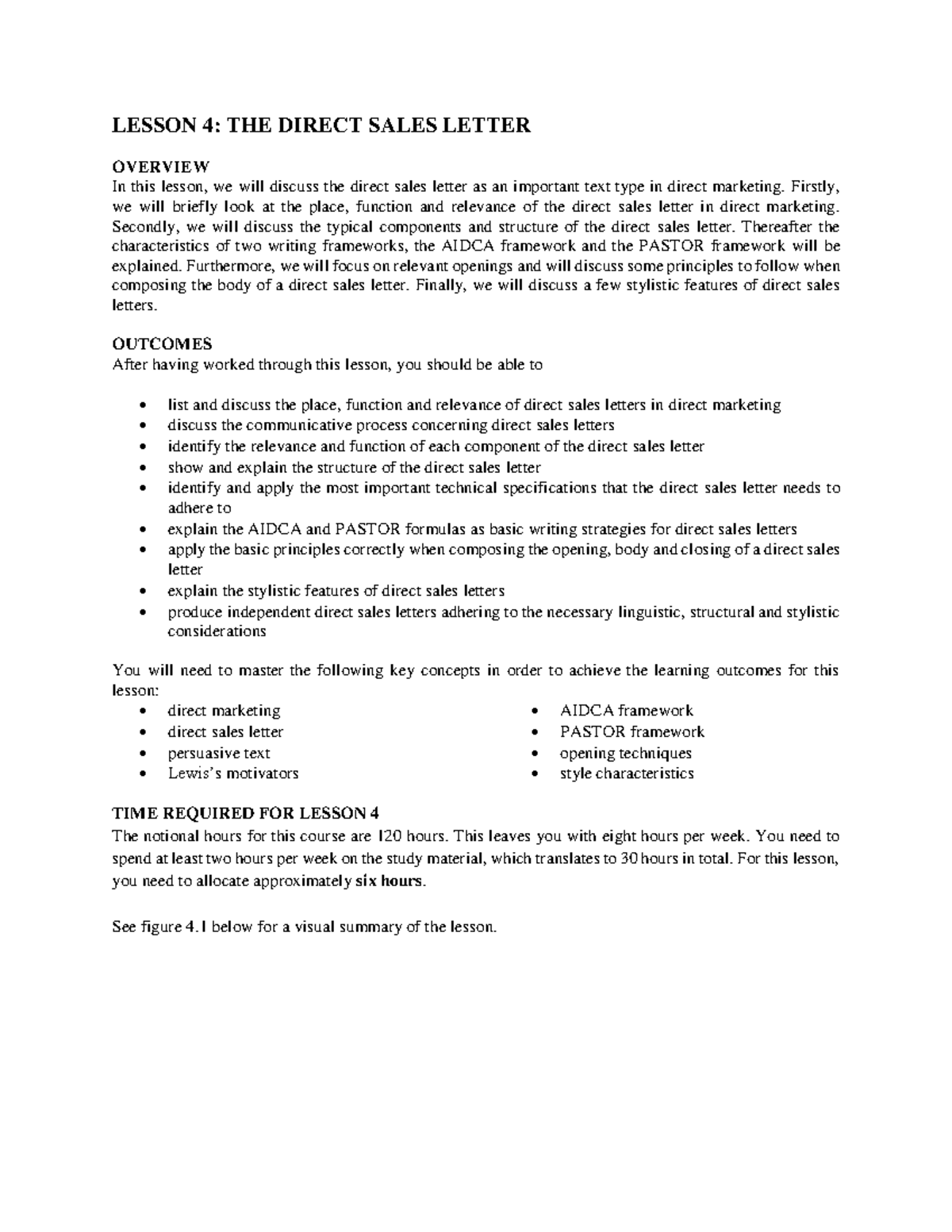 TEX2601 Lesson 4 Eng - LESSON 4: THE DIRECT SALES LETTER OVERVIEW In ...