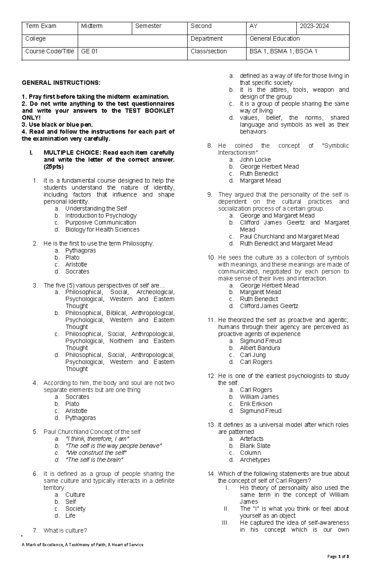 Exam Questionnaires - Term Exam Midterm Semester Second AY 2023 ...