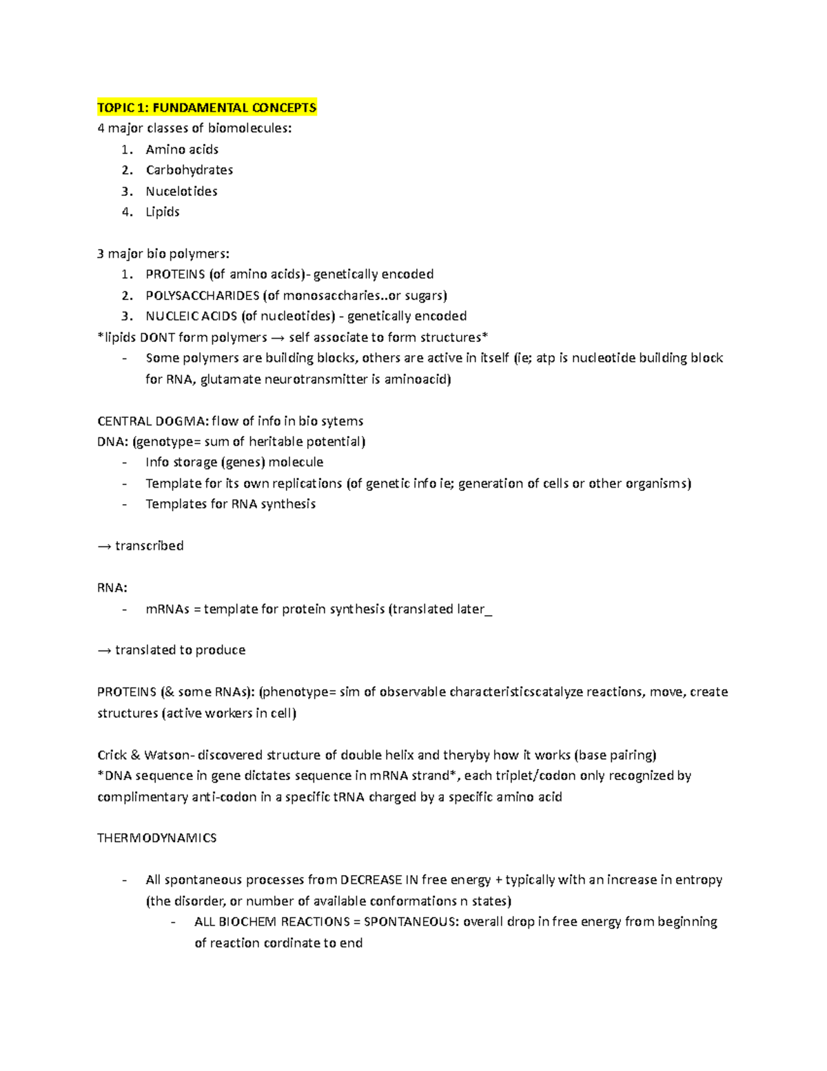 Biochem 2280- UNIT A - unit a - TOPIC 1: FUNDAMENTAL CONCEPTS 4 major ...