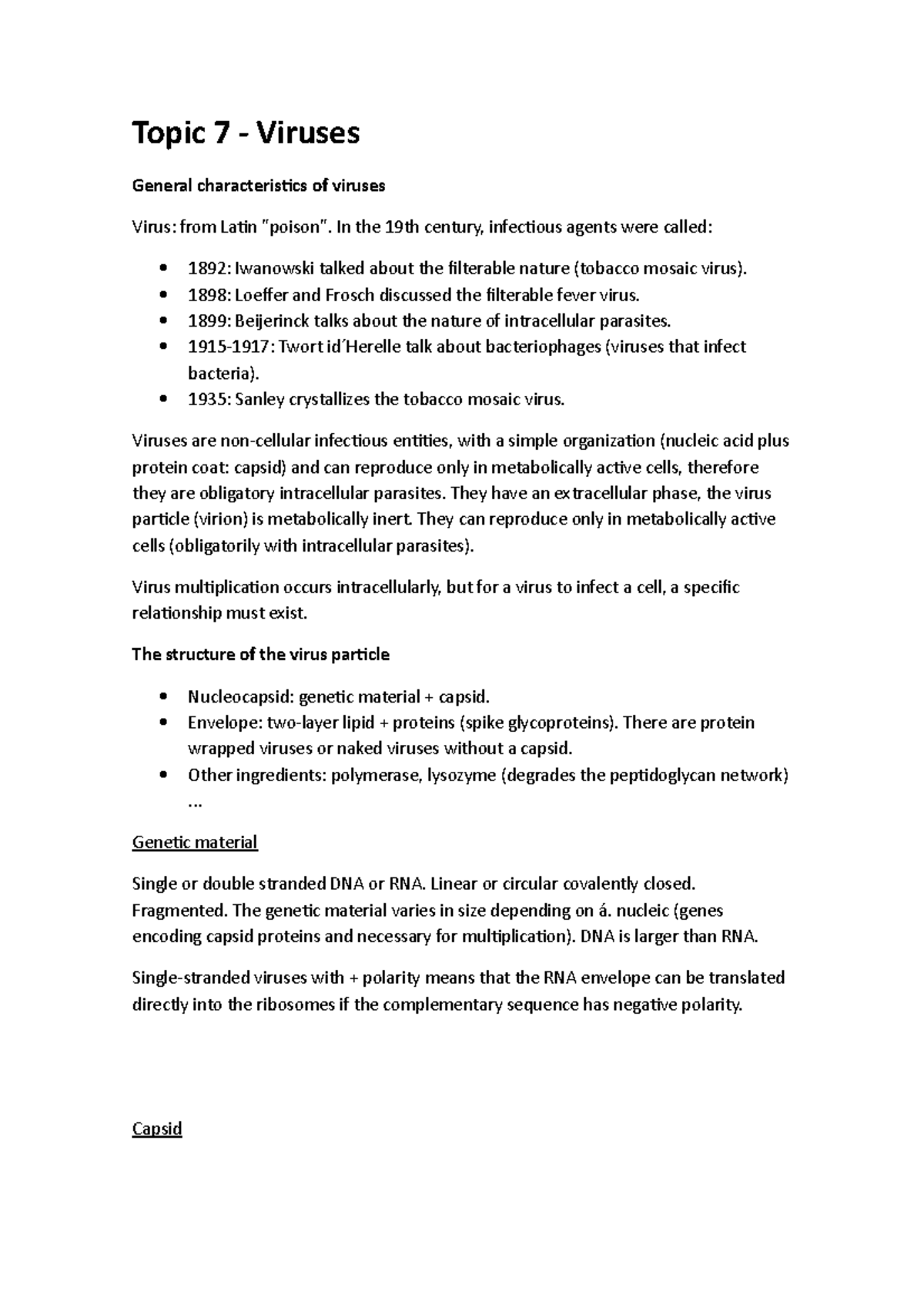 Unit 7 - Lecture notes 7 - Topic 7 - Viruses General characteristics of ...