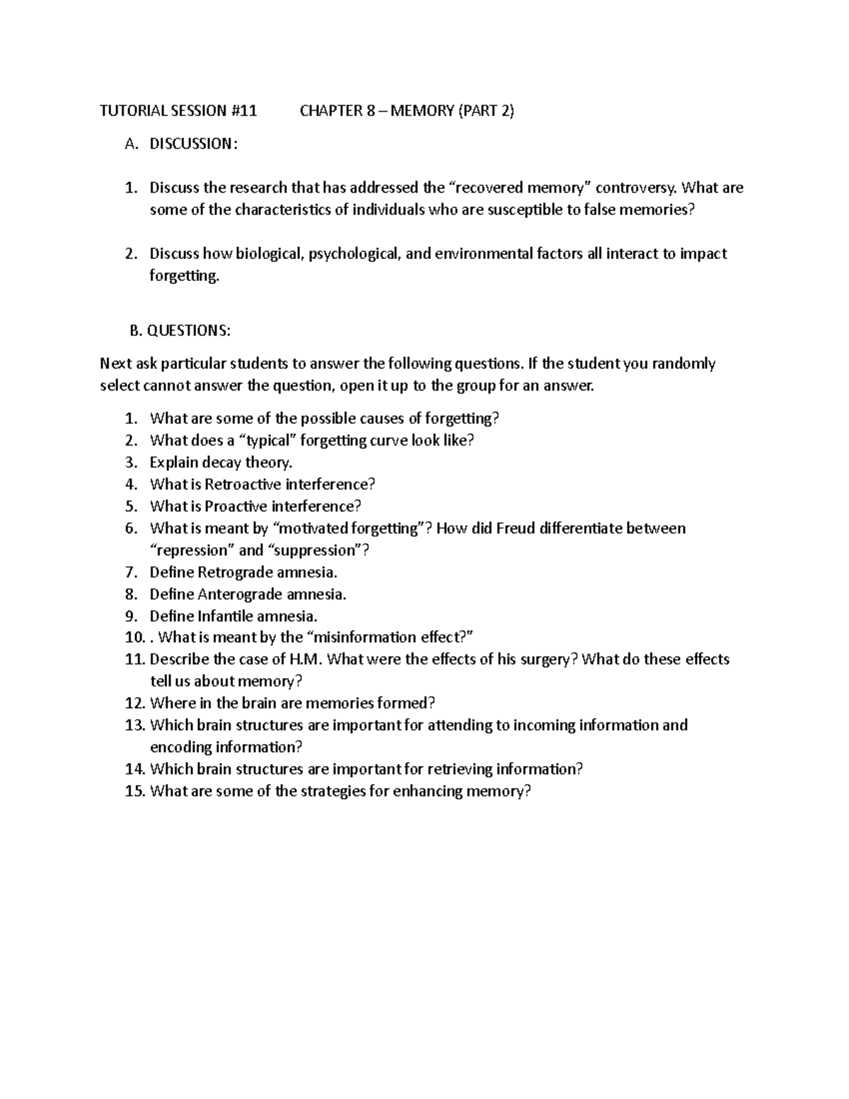Tutorial 11 Questions copy - TUTORIAL SESSION #11 CHAPTER 8 – MEMORY (PART 2) A. DISCUSSION ...