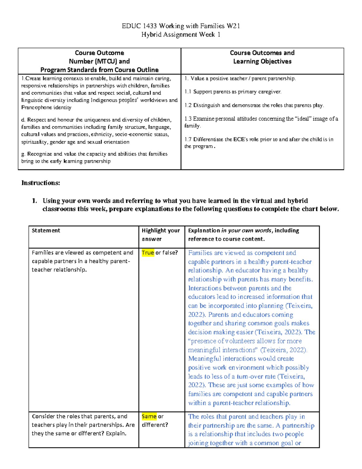 Parent educator roles assignment - EDUC 1433 Working with Families W ...