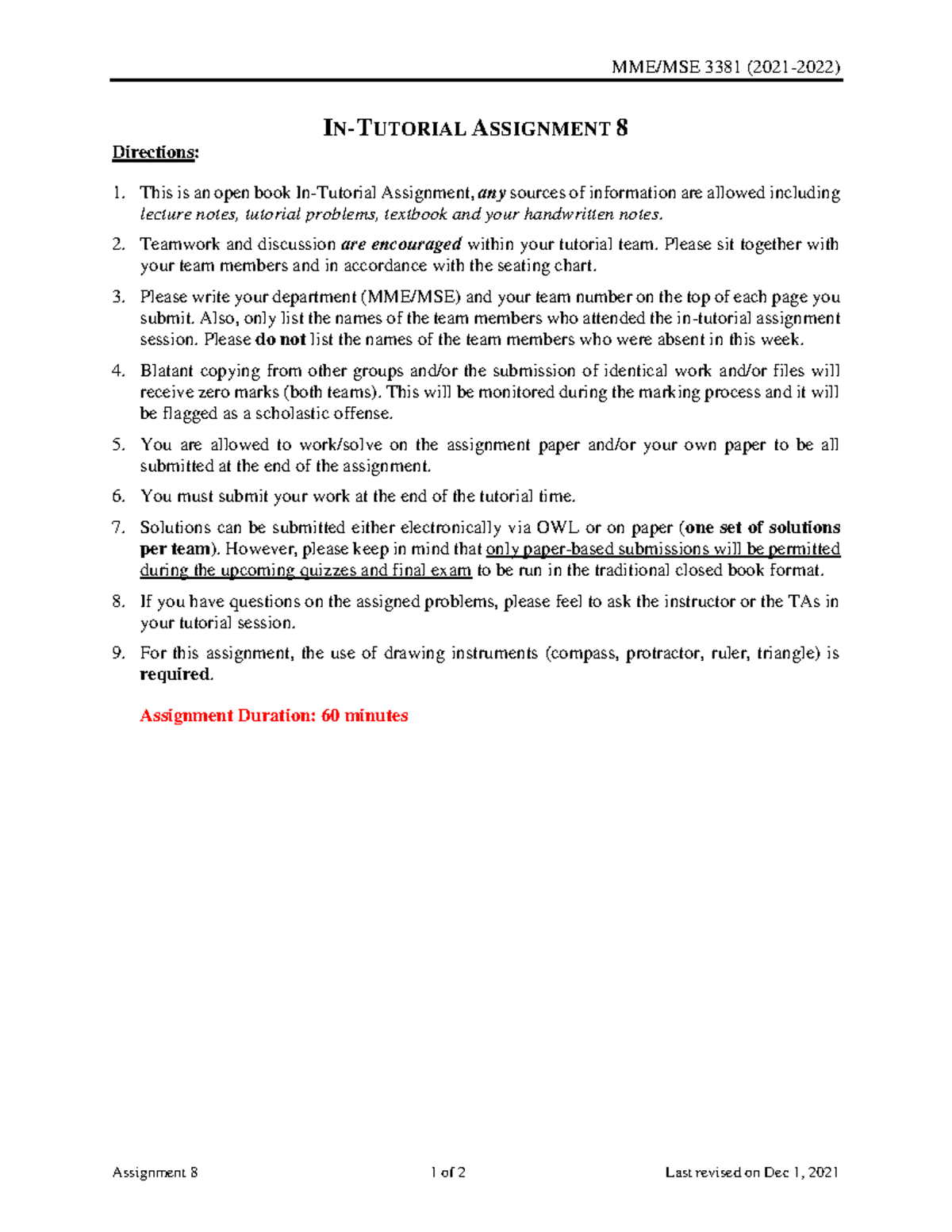 In-Tutorial Assignment 8 - Teamwork and discussion are encouraged within your tutorial team ...