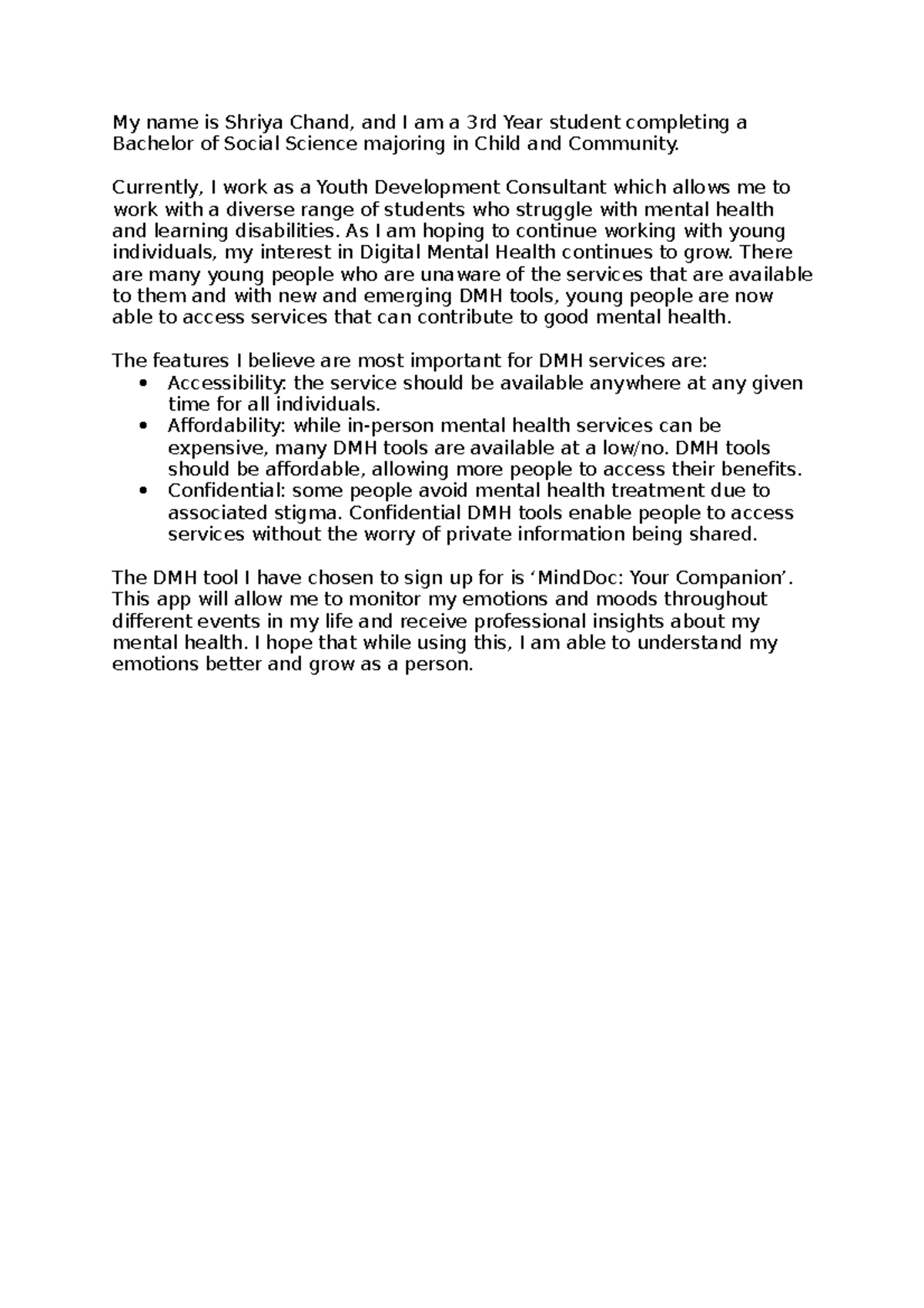 Discussion Post 1A - My name is Shriya Chand, and I am a 3rd Year ...