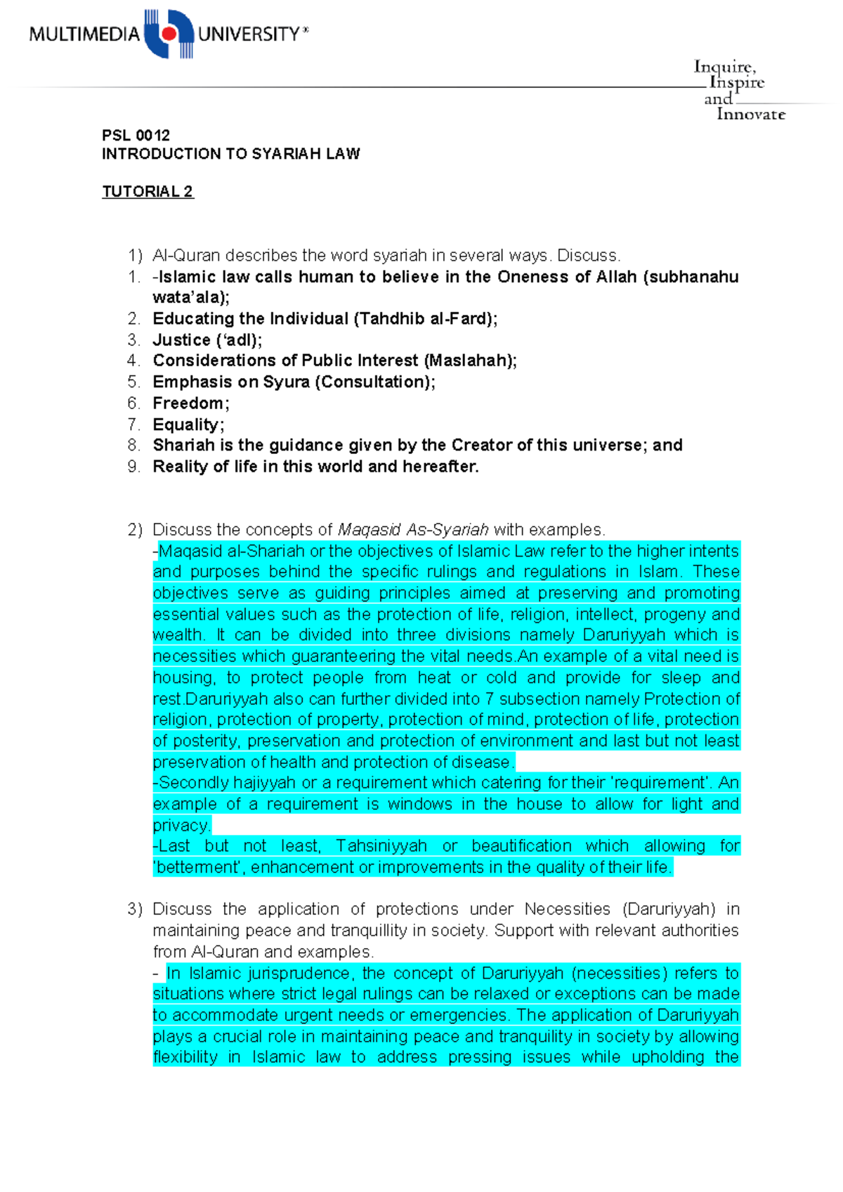 Tutorial 2-answered - PSL 0012 INTRODUCTION TO SYARIAH LAW TUTORIAL 2 1 ...