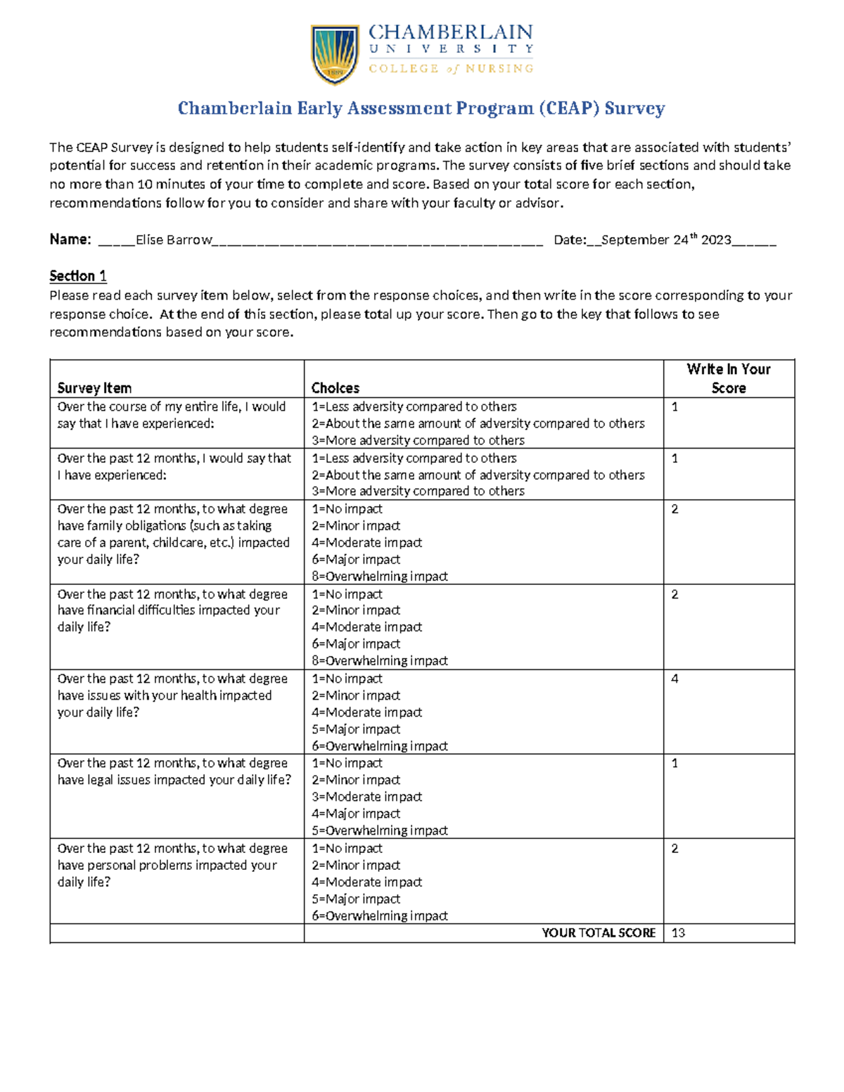 CEAP Survey - Self-Service Student Tool MAY22 - Chamberlain Early Assessment Program (CEAP ...
