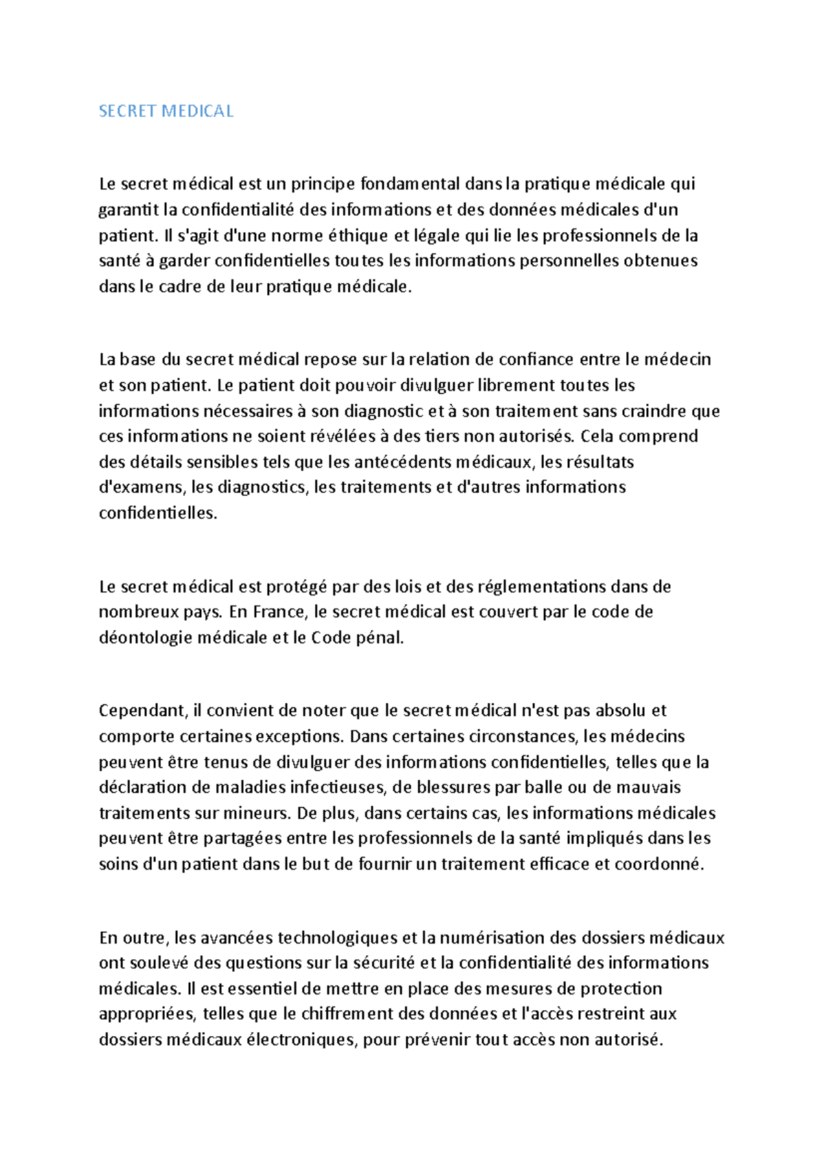 Droit Medical - fiches de révision - SECRET MEDICAL Le secret médical ...